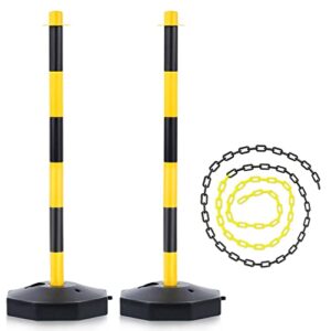 [2 pack] traffic delineator post cones with fillable base, portable parking pole barrier with 8ft chain,traffic safety delineator for parking lot,construction lot (black&yellow)