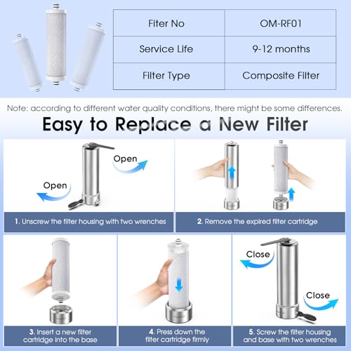 OEMIRY Countertop Water Filter System, NSF/ANSI 42 Certified, Stainless Steel 8000 Gallons Faucet Water Filter, Reduces 99.99% Lead, Chlorine, Heavy Metals, Bad Taste & Odor (1 Filter Included)