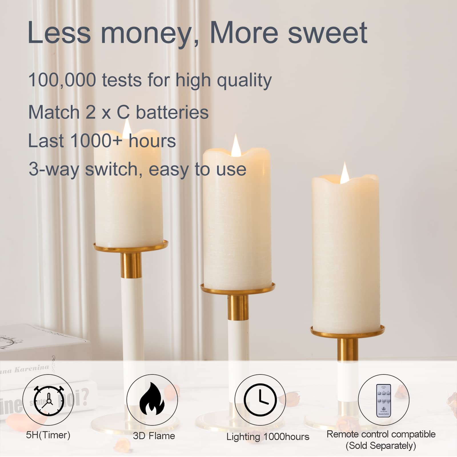 TECHLONG Flickering Flameless Candles with 3D Moving Flame, Last 1000+ Hours Battery Operated Candles with Timer, Ivory Real Wax Pillar Electric LED Candle for Wedding Christmas Party/3" x 5"