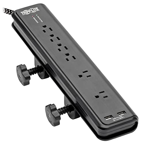 Tripp Lite Desk Clamp Surge Protector Power Strip, 6-Outlets & 2 USB, Microbrial Resistant, 8 ft Braided Cord, 2100 Joules, 1875W, 40,000 Insurance & Lifetime Manufacturer's Warranty (TLP608DMUAM)