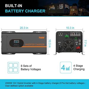 PowMr 2000W Hybrid Inverter Pure Sine Wave Inverter Output 12VDC~110V AC Low Frequency Inverter Home Solar Inverter with LCD Display with 12V Lead-Acid and Lithium Battery