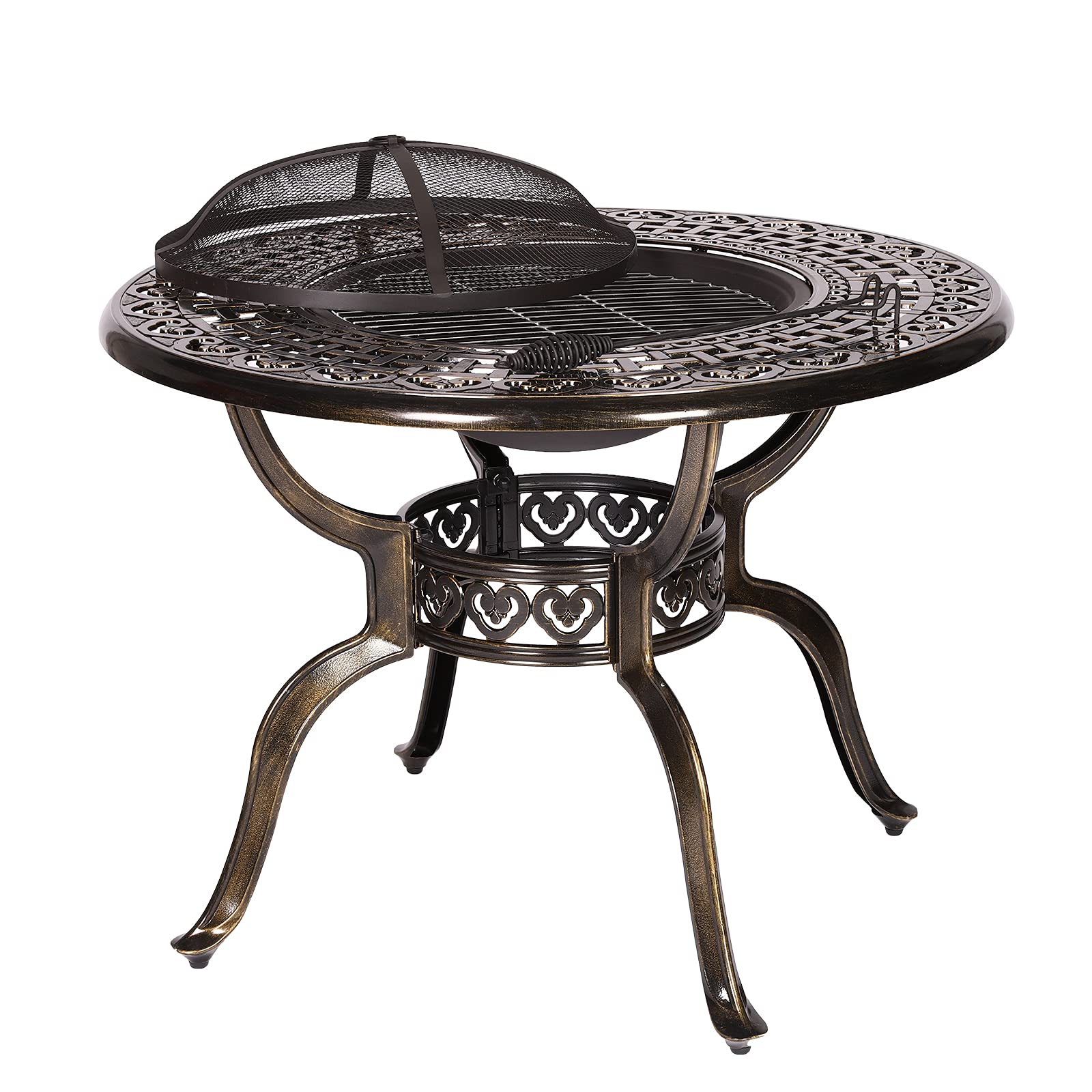 MEETWARM 40.3" Patio Fire Pit Dining Table Round Charcoal and Wood Burning, Outdoor All Weather Cast Aluminum Patio Furniture with Fire Bowl, Cooking BBQ Grill, Wood Grate, Spark Screen and Poker