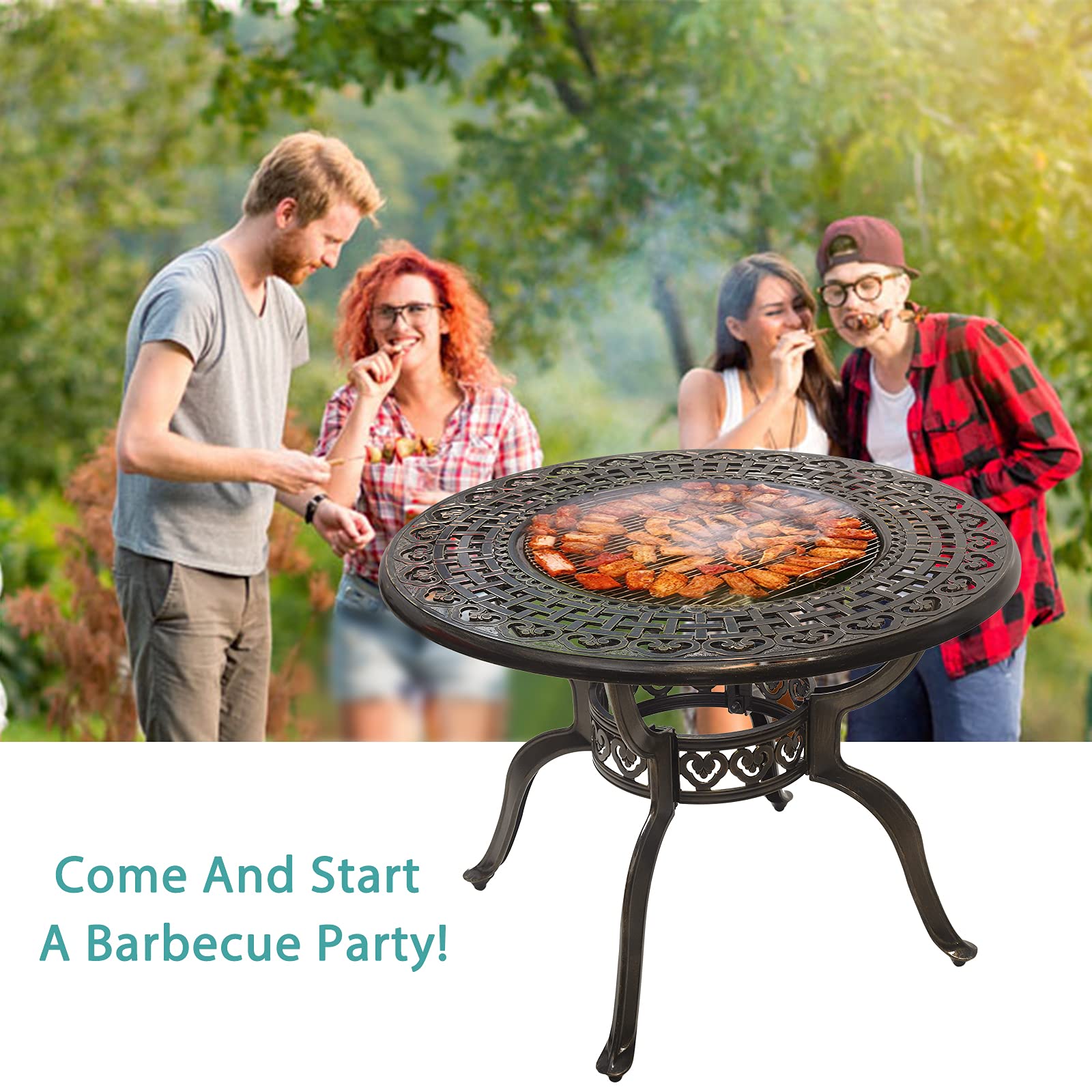 MEETWARM 40.3" Patio Fire Pit Dining Table Round Charcoal and Wood Burning, Outdoor All Weather Cast Aluminum Patio Furniture with Fire Bowl, Cooking BBQ Grill, Wood Grate, Spark Screen and Poker