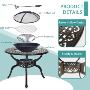 MEETWARM 40.3" Patio Fire Pit Dining Table Round Charcoal and Wood Burning, Outdoor All Weather Cast Aluminum Patio Furniture with Fire Bowl, Cooking BBQ Grill, Wood Grate, Spark Screen and Poker