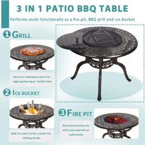 MEETWARM 40.3" Patio Fire Pit Dining Table Round Charcoal and Wood Burning, Outdoor All Weather Cast Aluminum Patio Furniture with Fire Bowl, Cooking BBQ Grill, Wood Grate, Spark Screen and Poker