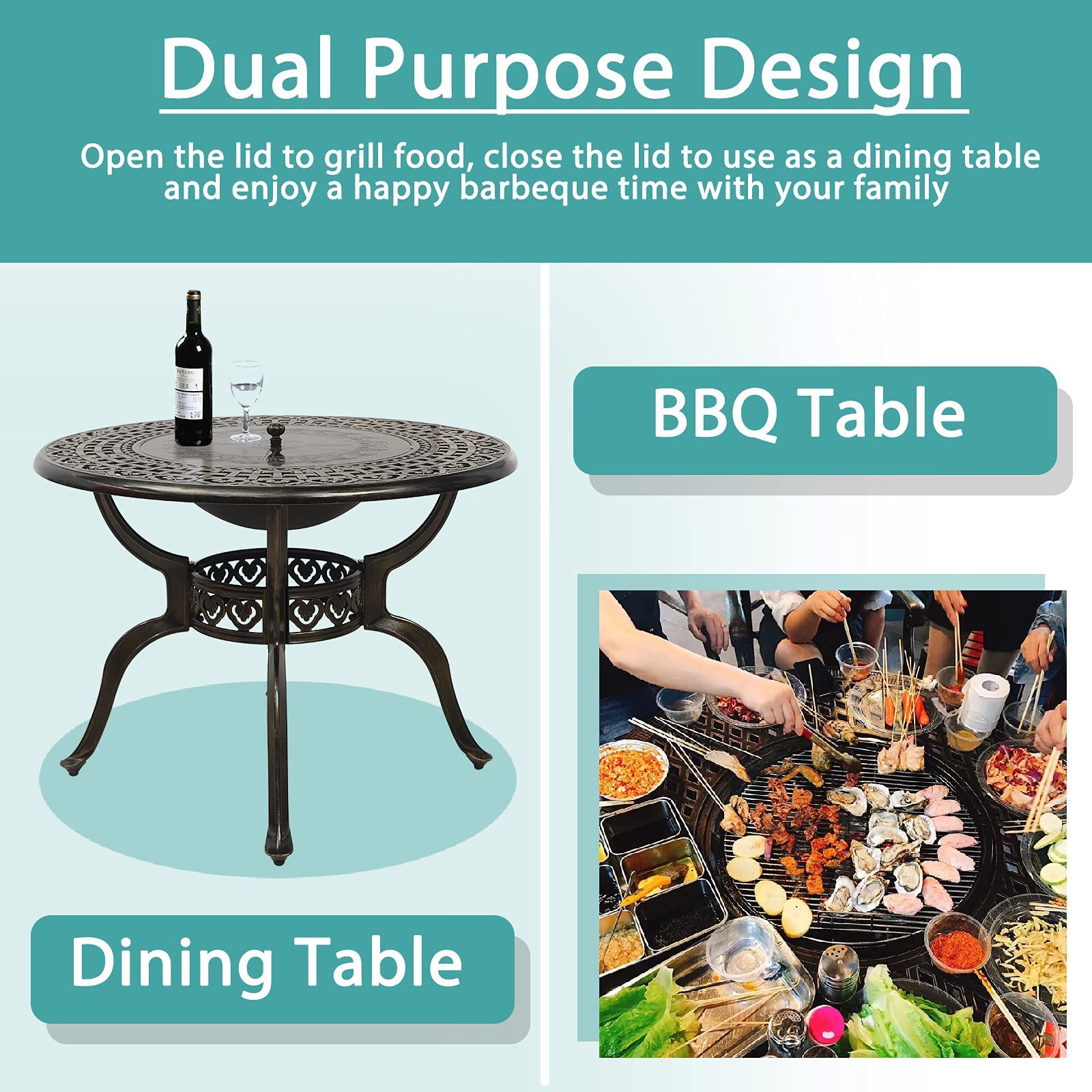 MEETWARM 40.3" Patio Fire Pit Dining Table Round Charcoal and Wood Burning, Outdoor All Weather Cast Aluminum Patio Furniture with Fire Bowl, Cooking BBQ Grill, Wood Grate, Spark Screen and Poker