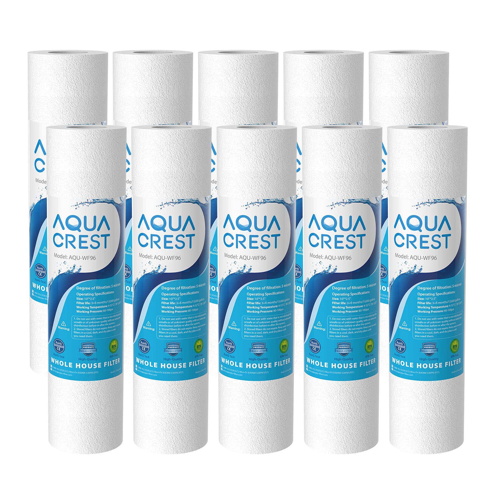 AQUA CREST AP110 Whole House Water Filter, Sediment Filter, 5 Micron, Replacement for 3M® Aqua-Pure AP110, Culligan® P5, APEC, GE FXUSC, Whirlpool®, Any 10" x 2.5" Home Water Filter, Pack of 10