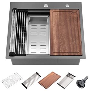 25 black drop in kitchen sink workstation-wesliv 25x22x10 topmount drop in kitchen sink black stainless steel sink double ledges workstation sink 16 gauge single basin kitchen sink with accessories