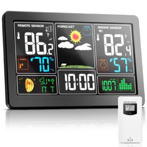 kalevol weather station indoor outdoor thermometer wireless color display digital temperature humidity monitor, weather thermometer forecast station with atomic clock and adjustable backlight