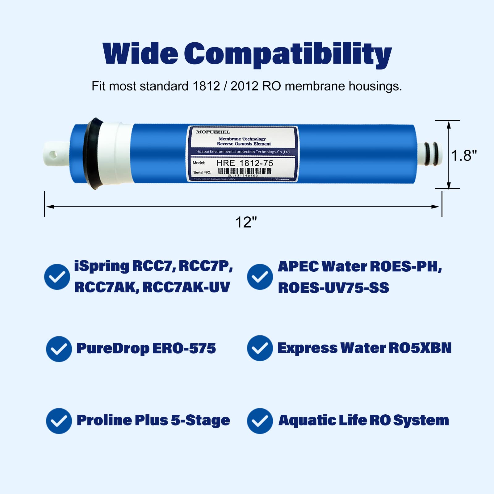 MOPUEHEL 75 GPD RO Membrane Filter Replacement, Reverse Osmosis Membranes, Compatible for iSpring RCC7 / RCC7AK / RCC7P / RCC7P-AK / RCC7D / RCC7U, APEC ROES-UV75-SS/ROES-UV75 / ROES-PH75 (1 Pack)