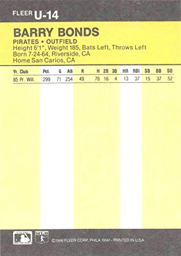 1986 Fleer Update Baseball #U-14 Barry Bonds RC Rookie Card Pittsburgh Pirates Official MLB Trading Card