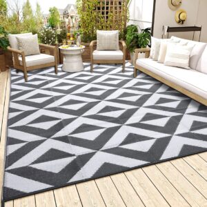 naqsh outdoor indoor plastic rug with loops - foldable reversible outdoors waterproof and washable patios garden decor (geometry grey, 3 x 5 ft)