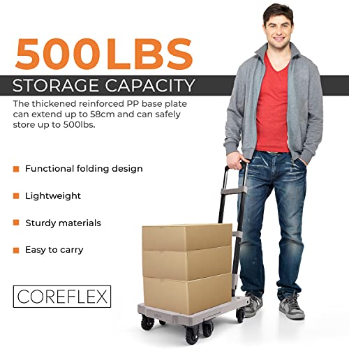 Hand Truck, COREFLEX Folding Hand Truck Foldable with 7 Wheels 500lbs Heavy Duty Hand Truck Dolly Adjustable Handle for Luggage, Travel, Moving, Shopping, Personal and Office