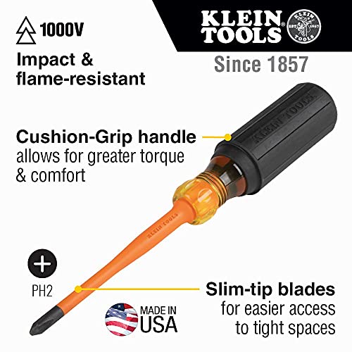 Klein Tools 6936INS Insulated Screwdriver, 1000V Slim Profile Tip, #2 Phillips with 6-Inch Shank, Cushion-Grip Handle