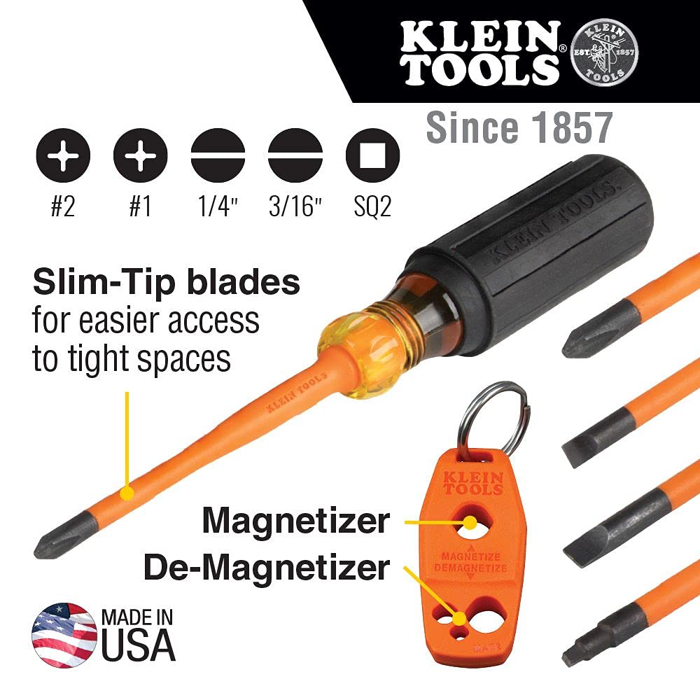 Klein Tools 33736INS Insulated Screwdriver Set, 1000V Slim-Tip Driver with Phillips, Cabinet and Square Bits and a Magnetizer, 6-Piece