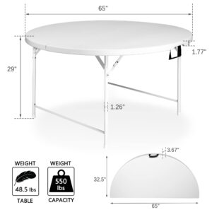 Vilobos White Patio Plastic Folding Table, 65” Dia Round Dining Table Comfortable for 8 to 10 Seat, Portable Table for Party Banquet Conference Wedding Festival Events