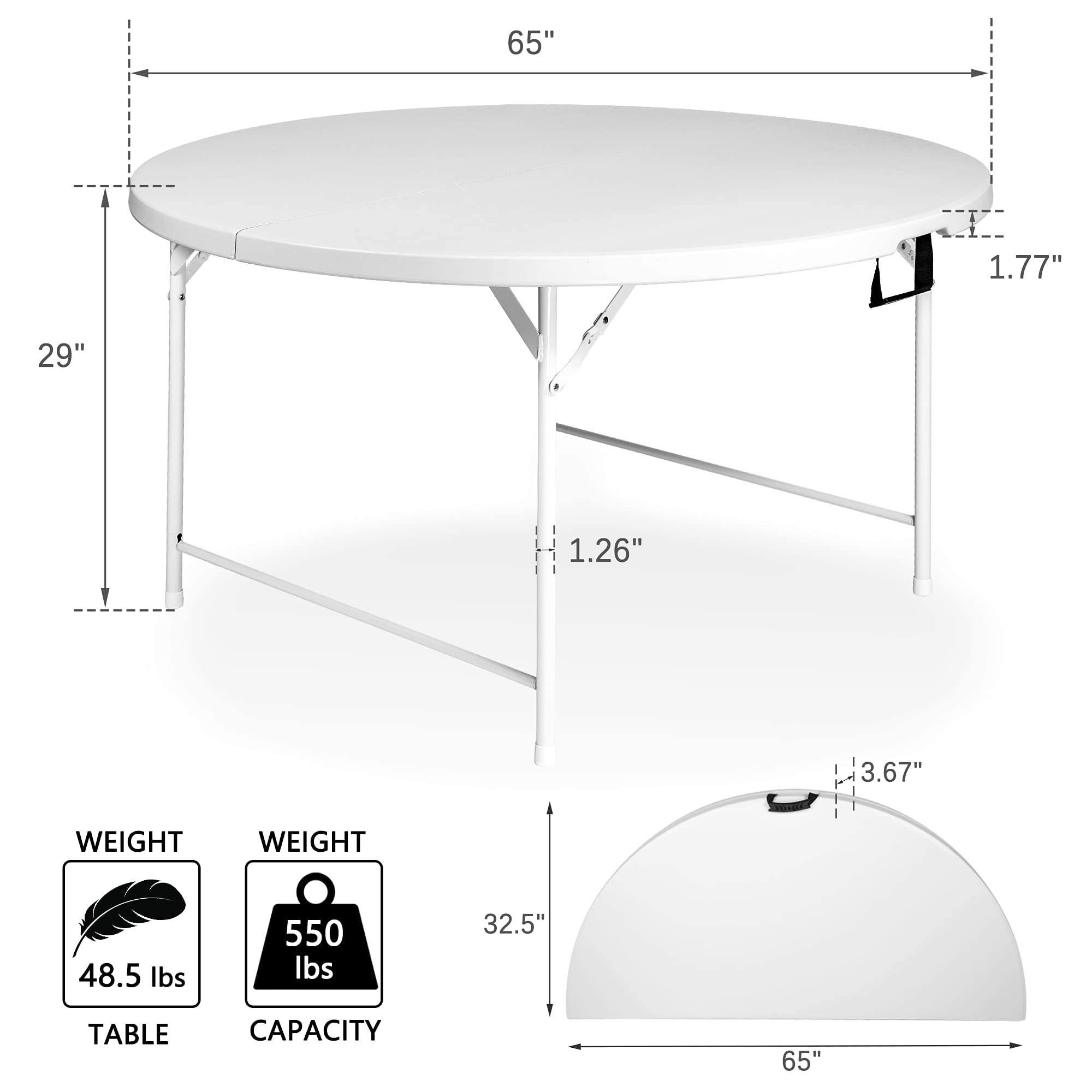 Vilobos White Patio Plastic Folding Table, 65” Dia Round Dining Table Comfortable for 8 to 10 Seat, Portable Table for Party Banquet Conference Wedding Festival Events