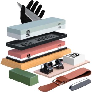 complete knife sharpening stone kit - goodjob premium japanese whetstone knife sharpener tool - dual grit 400/1000 3000/8000 wet stone with cut resistant gloves, chisel honing guide, bamboo base