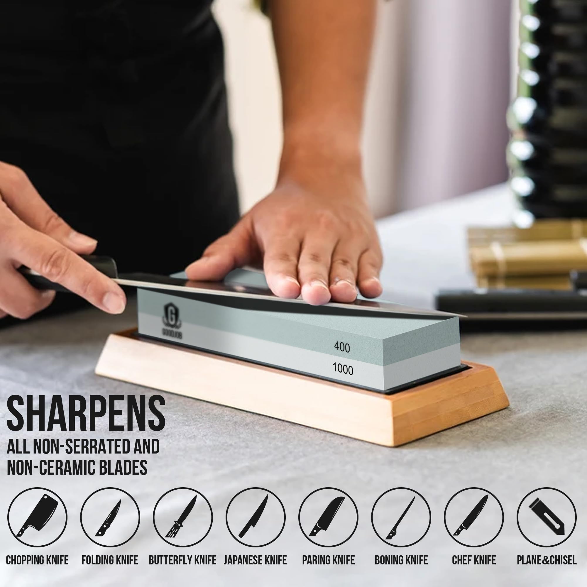 Complete Knife Sharpening Stone Kit - Goodjob Premium Japanese Whetstone Knife Sharpener Tool - Dual Grit 400/1000 3000/8000 Wet stone with Cut Resistant Gloves, Chisel Honing Guide, Bamboo Base