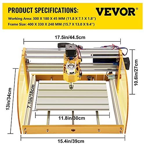 VEVOR CNC Router Machine, 3018-PRO w/GRBL Offline Control, Limit Switches & Emergency-Stop, PCB PVC Wood leather Engraving Machine, Dustproof Safe Acrylic Baffle, XYZ Working Area 300 x 180 x 45mm