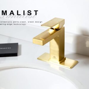 Brushed Gold Bathroom Faucet Single Hole, Lava Odoro Modern Brushed Brass Bathroom Sink Faucet Single Handle Vanity Faucet with Drain Assembly, Deck Plate Included, BF307-SG