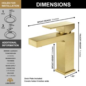 Brushed Gold Bathroom Faucet Single Hole, Lava Odoro Modern Brushed Brass Bathroom Sink Faucet Single Handle Vanity Faucet with Drain Assembly, Deck Plate Included, BF307-SG