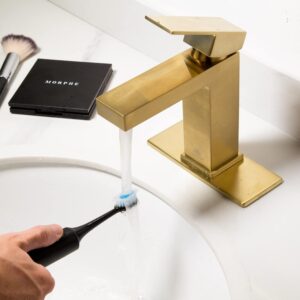 Brushed Gold Bathroom Faucet Single Hole, Lava Odoro Modern Brushed Brass Bathroom Sink Faucet Single Handle Vanity Faucet with Drain Assembly, Deck Plate Included, BF307-SG