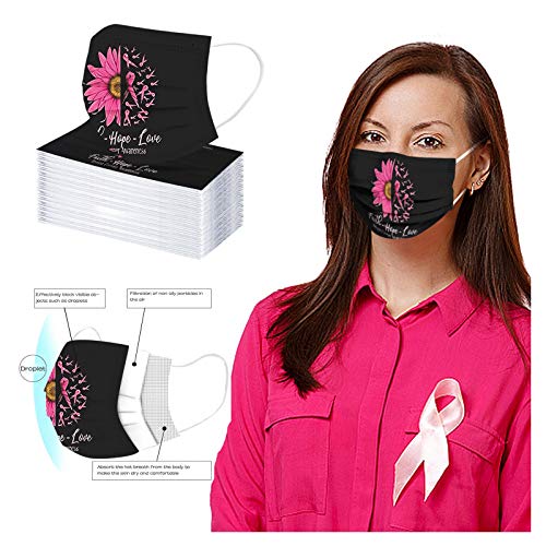 Fortry 50Pcs Disposable Face_Mask, Women Breast Cancer Awareness Pink Ribbon Face_Mask, 3 Plys Protective Face Bandana