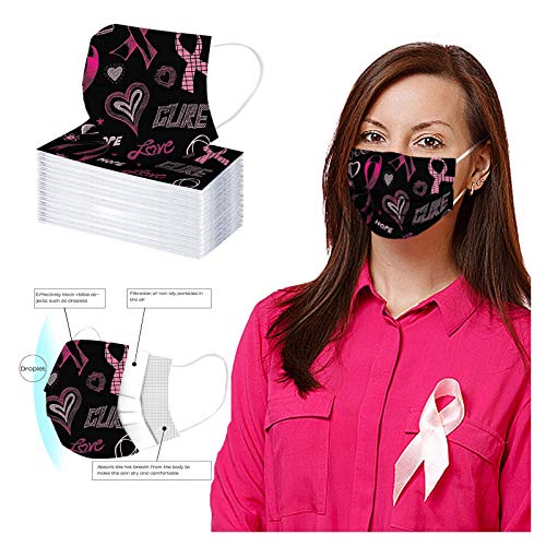 Fortry 50Pcs Disposable Face_Mask, Women Breast Cancer Awareness Pink Ribbon Face_Mask, 3 Plys Protective Face Bandana