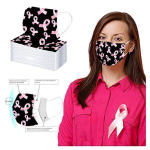 Fortry 50Pcs Disposable Face_Mask, Women Breast Cancer Awareness Pink Ribbon Face_Mask, 3 Plys Protective Face Bandana