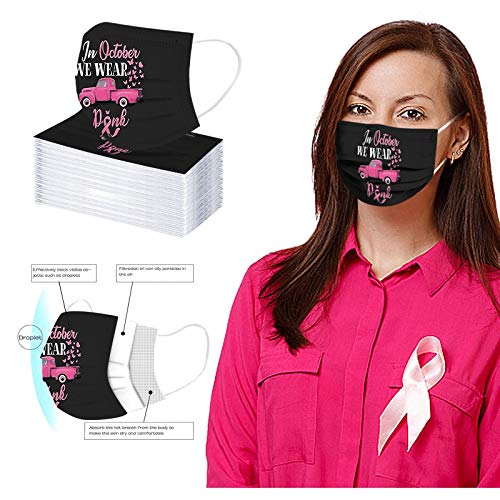 Fortry 50Pcs Disposable Face_Mask, Women Breast Cancer Awareness Pink Ribbon Face_Mask, 3 Plys Protective Face Bandana