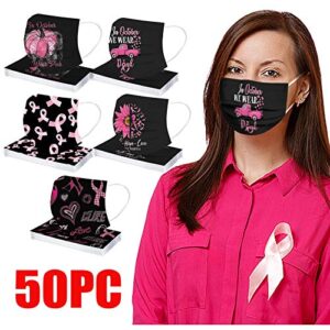 Fortry 50Pcs Disposable Face_Mask, Women Breast Cancer Awareness Pink Ribbon Face_Mask, 3 Plys Protective Face Bandana