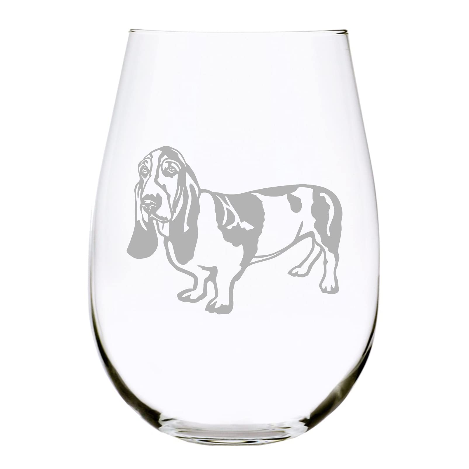 Basset Hound (B2) themed dog stemless wine glass, 17 oz.