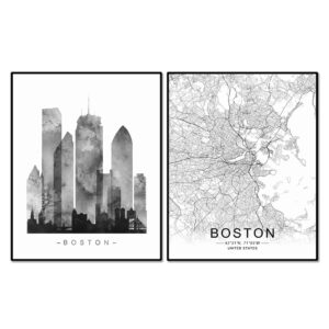 boston skyline, boston wall art, boston street map, watercolor skyline print, building wall decor, office wall art, boston map print, set of 2 prints, 11x14 inch unframed