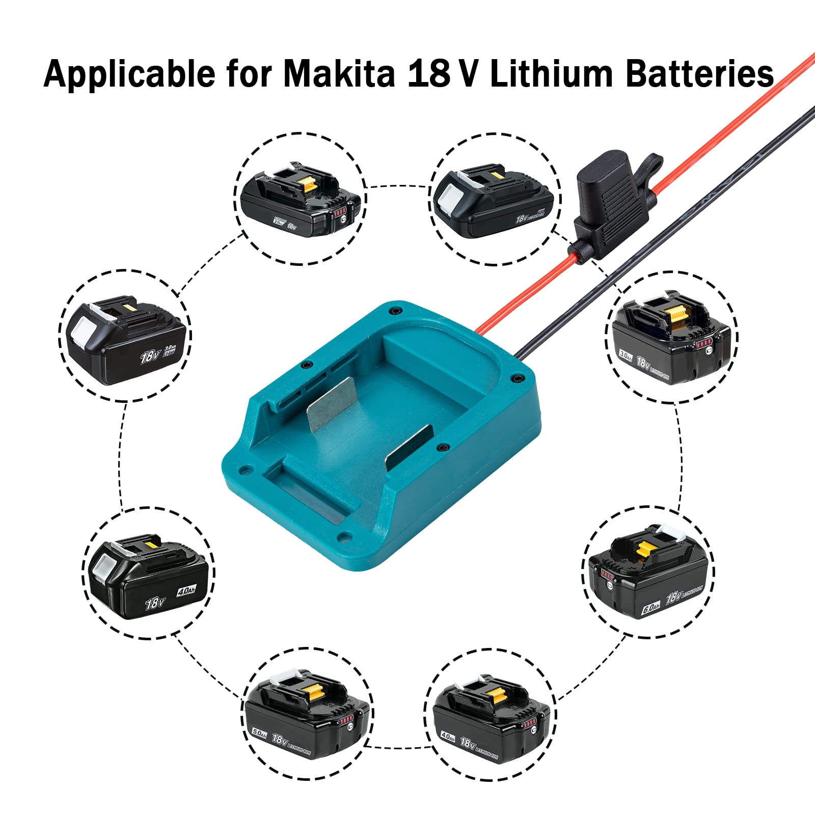 Power Wheel Adapter for Makita 18V Battery with Fuse & Switch & Wire terminals，Power Connector for Rc Car, Robotics, Rc Truck,DIY use, Work with for Makita BL1860 BL1850 BL1840 BL1830 Li-ion Battery