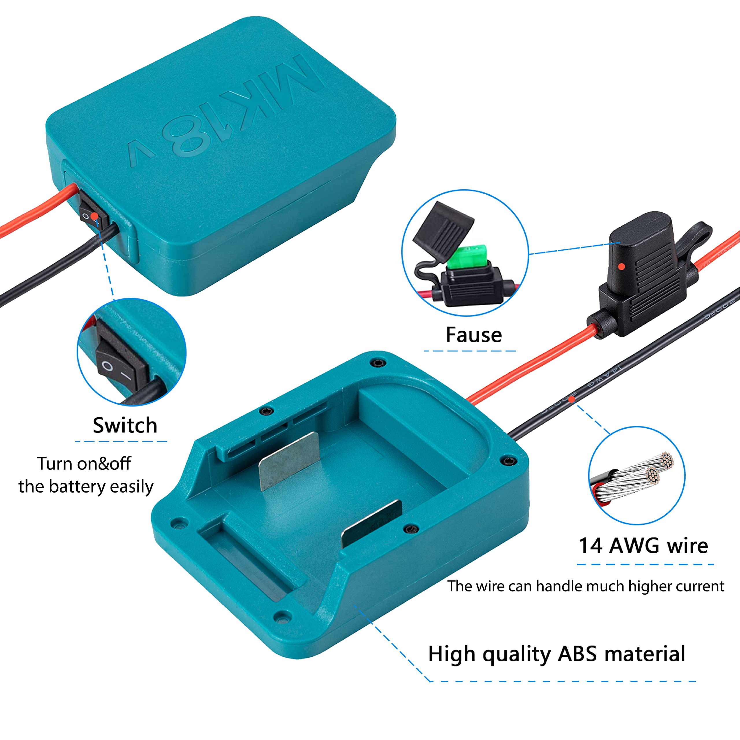 Power Wheel Adapter for Makita 18V Battery with Fuse & Switch & Wire terminals，Power Connector for Rc Car, Robotics, Rc Truck,DIY use, Work with for Makita BL1860 BL1850 BL1840 BL1830 Li-ion Battery