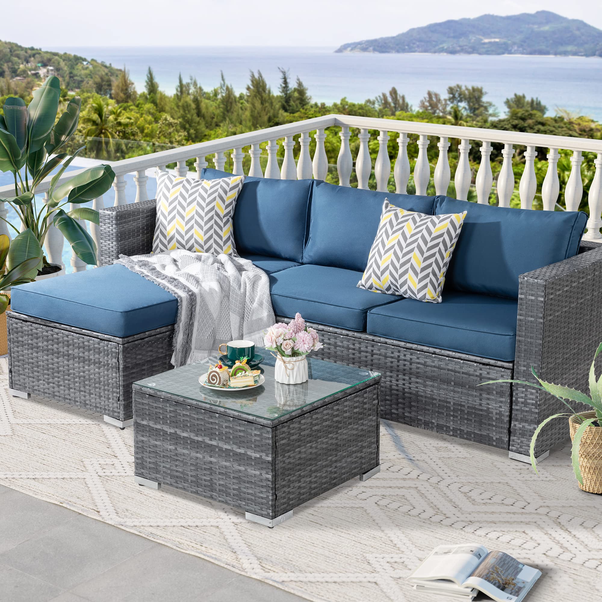 SUNLEI Outdoor Furniture Patio Sets,Low Back All-Weather Small Rattan Sectional Sofa with Tea Table&Washable Couch Cushions&Upgrade Wicker(Silver Rattan) (Aegean Blue)