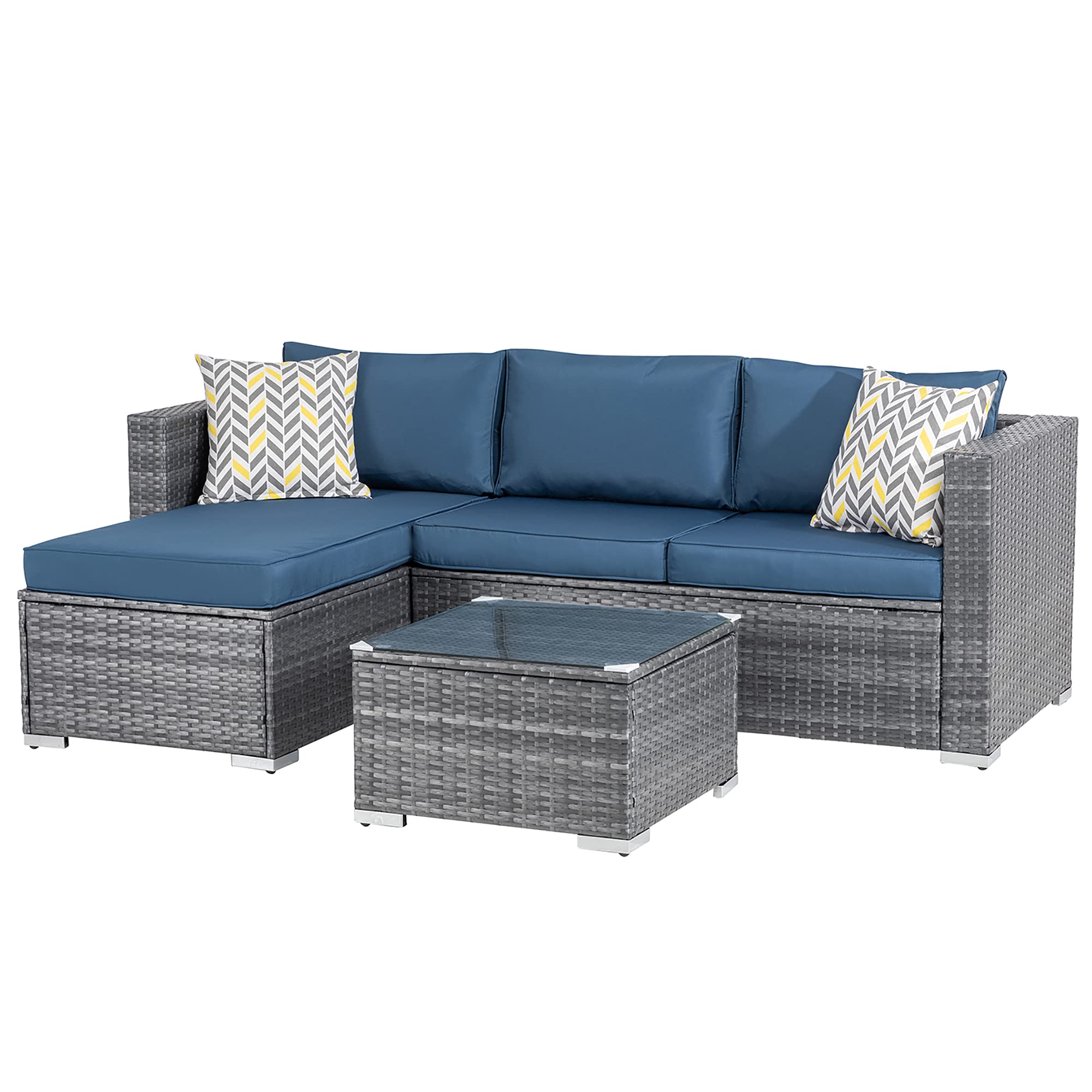 SUNLEI Outdoor Furniture Patio Sets,Low Back All-Weather Small Rattan Sectional Sofa with Tea Table&Washable Couch Cushions&Upgrade Wicker(Silver Rattan) (Aegean Blue)