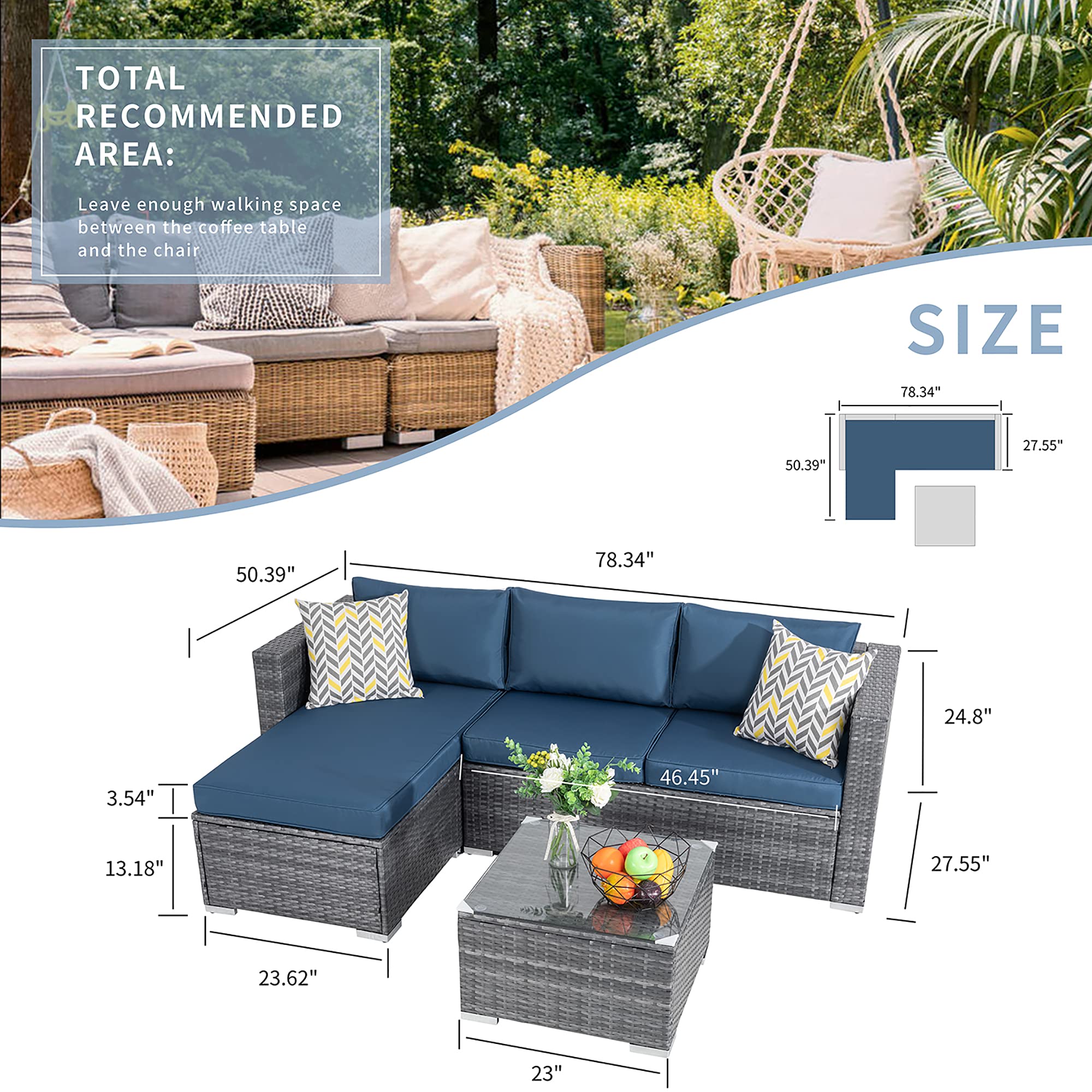 SUNLEI Outdoor Furniture Patio Sets,Low Back All-Weather Small Rattan Sectional Sofa with Tea Table&Washable Couch Cushions&Upgrade Wicker(Silver Rattan) (Aegean Blue)