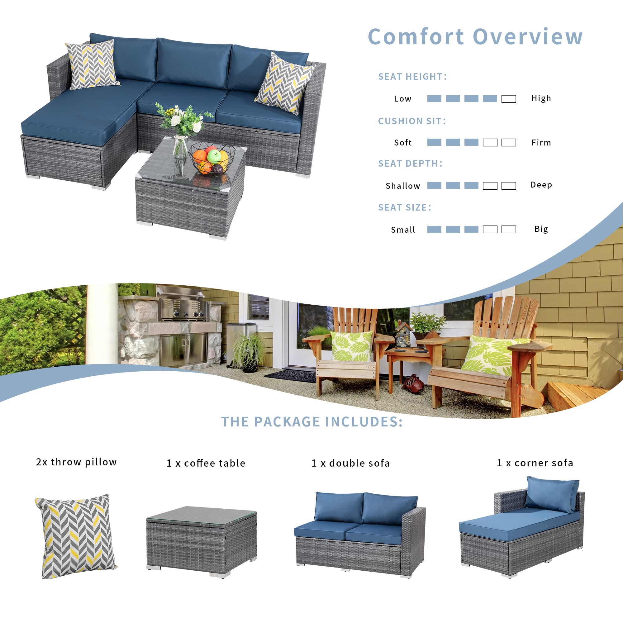 SUNLEI Outdoor Furniture Patio Sets,Low Back All-Weather Small Rattan Sectional Sofa with Tea Table&Washable Couch Cushions&Upgrade Wicker(Silver Rattan) (Aegean Blue)