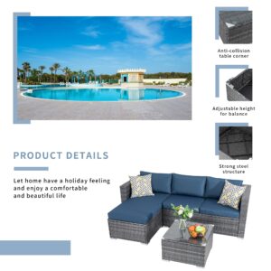 SUNLEI Outdoor Furniture Patio Sets,Low Back All-Weather Small Rattan Sectional Sofa with Tea Table&Washable Couch Cushions&Upgrade Wicker(Silver Rattan) (Aegean Blue)