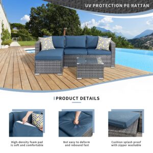 SUNLEI Outdoor Furniture Patio Sets,Low Back All-Weather Small Rattan Sectional Sofa with Tea Table&Washable Couch Cushions&Upgrade Wicker(Silver Rattan) (Aegean Blue)