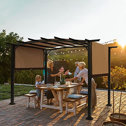 SUNA OUTDOOR Pergola 12 x 9 Ft Patio Gazebo, Outdoor Patio Sun Shelter Steel Frame Pergola Retractable Canopy Shade for Backyard, Beige