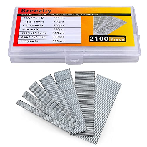 Breezliy 2100 PCS Brad Nails 7 Sizes multi-Length Galvanized Straight Finishing Nail,Each specification has an independent sponge anti-collision packaging