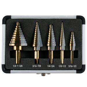 ironant step drill bits, 5pcs hss titanium step drill bit set, 50 sizes high speed steel step bits for metal with aluminum case