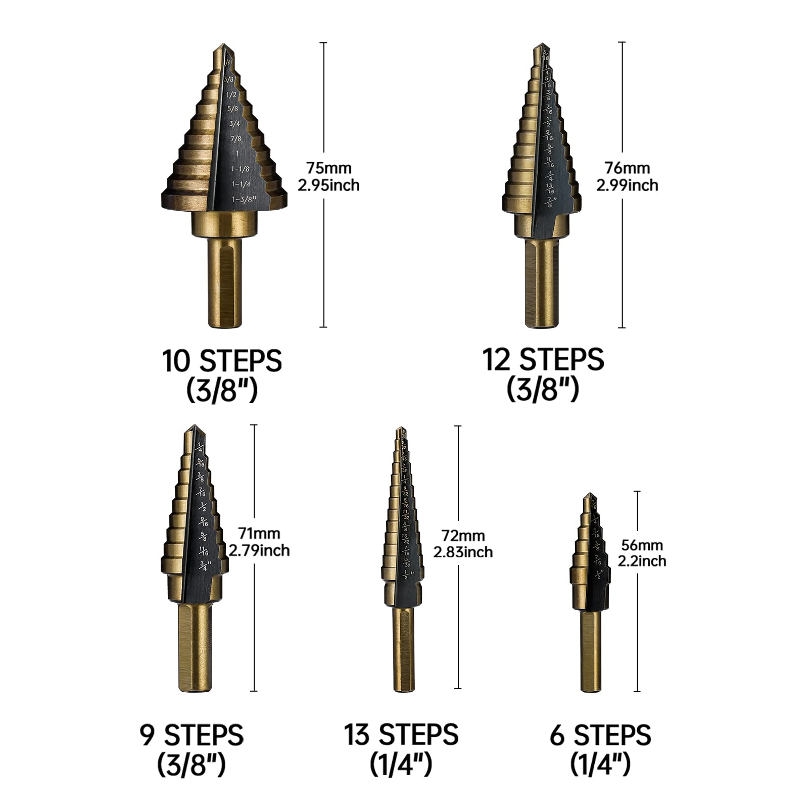 IRONANT Step Drill Bits, 5PCS HSS Titanium Step Drill Bit Set, 50 Sizes High Speed Steel Step Bits for Metal with Aluminum Case