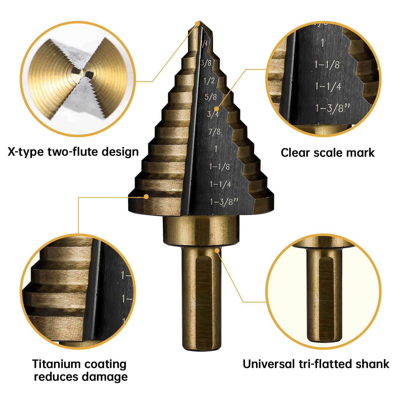 IRONANT Step Drill Bits, 5PCS HSS Titanium Step Drill Bit Set, 50 Sizes High Speed Steel Step Bits for Metal with Aluminum Case