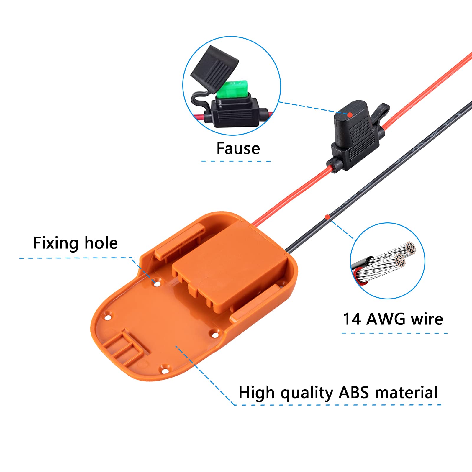 Power Wheel Adapter for Ridgid AEG 18V Hyper li-ion Battery with Fuse & Wire terminals, Power Connector for Rc Car, 14 Gauge Robotics, Rc Truck, DIY use, Work for Rigid L1815R B1820R L1830R Battery