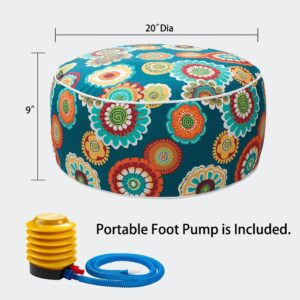 Magpie Fabrics Indoor/Outdoor Inflatable Stool Ottoman Pouf, Water Repellent Round Footrest Footstool with Foot Pump D20 xH9, Portable for Patio Garden Camping or Home, Heronsbill Turquoise Green