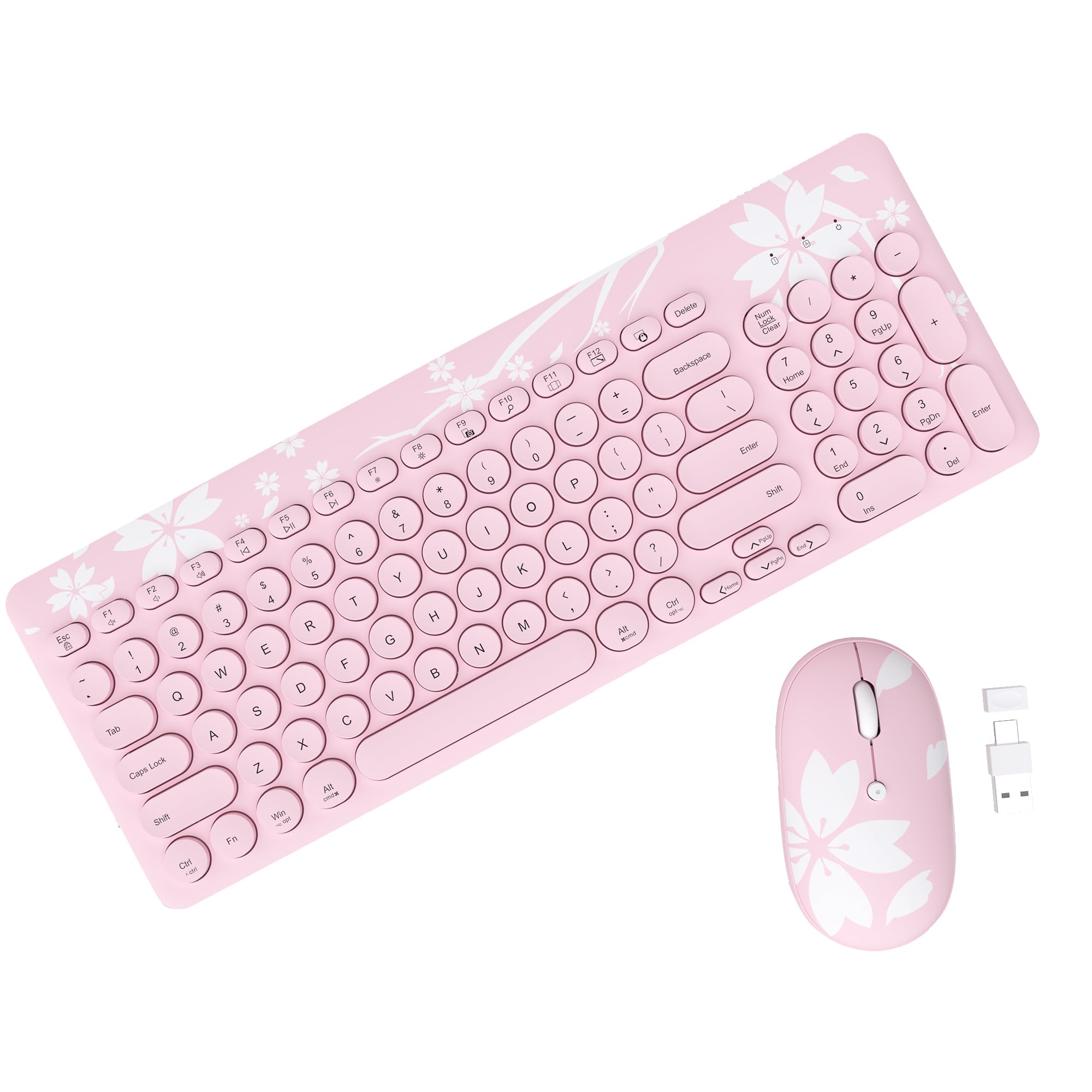 Mytrix Cute Sakura Pink Wireless Keyboard Mouse Combo, Retro Type-Writer Keys, 2.4G USB Slim Keyboard Mouse Set with Numeric Keypad for Computer, Laptop, Desktops, Pc, Mac(KMCS01)